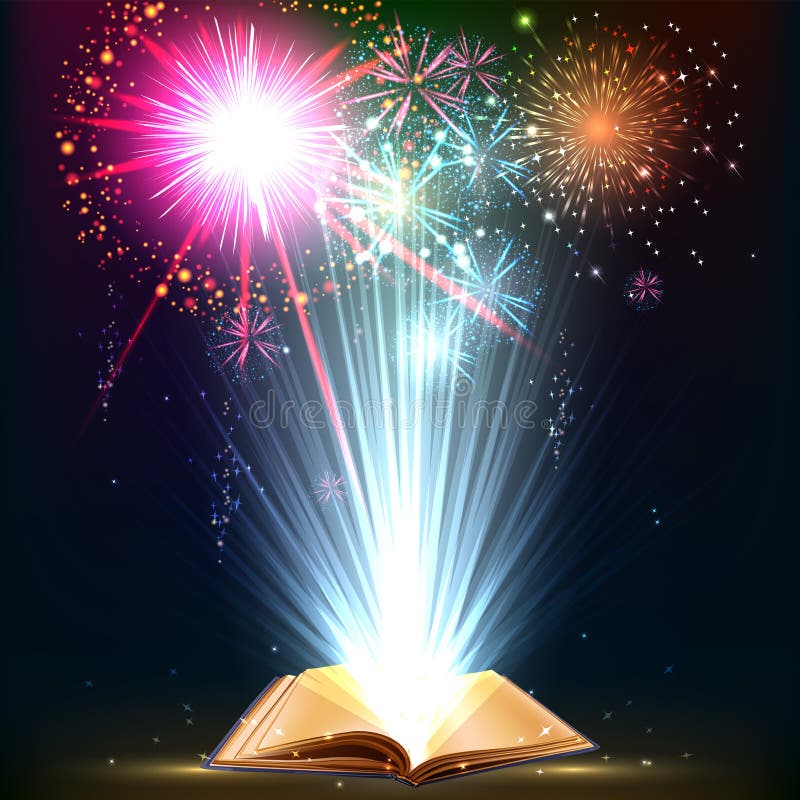 Geopend Toverboek Met Magisch Licht. Vector Vector Illustratie ...