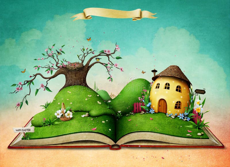 Magisch Boek Met Paaseihuis Stock Illustratie - Illustration of familie ...