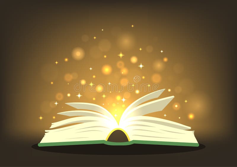 Offenes Magisches Buch, Vektorlichtscheine Vektor Abbildung ...