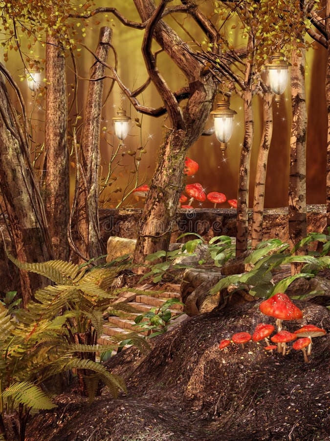 Magisk skog med lampor stock illustrationer. Illustration av färgrikt ...