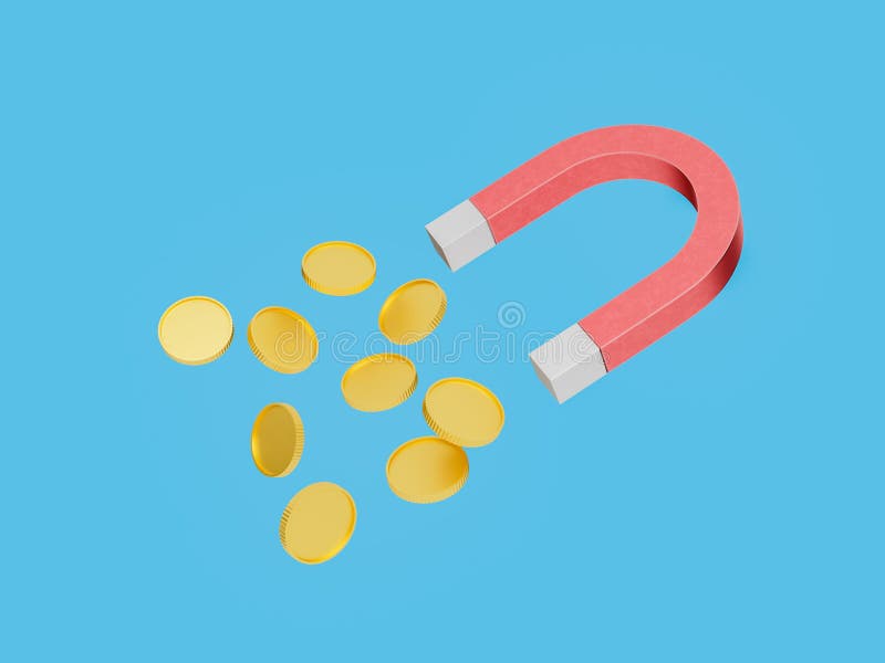 Magnet Attracting Gold Coins on Blue Background Stock Illustration ...
