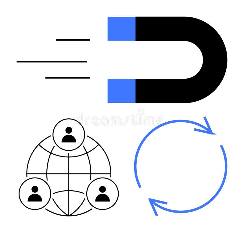 Magnet Attracting People Icons with Arrows Representing Connection, Teamwork, and Continuous ...