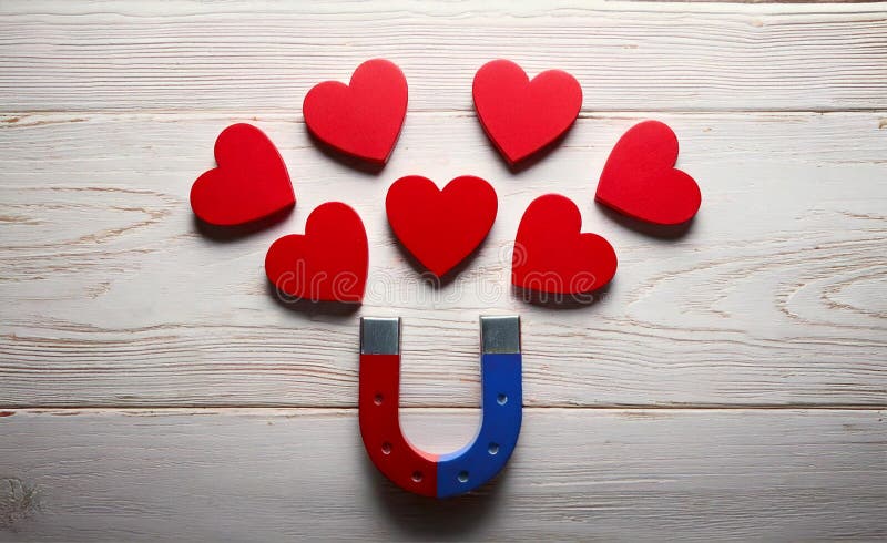 Magnet Attracting Red Wooden Hearts on White Wooden Background Concept ...