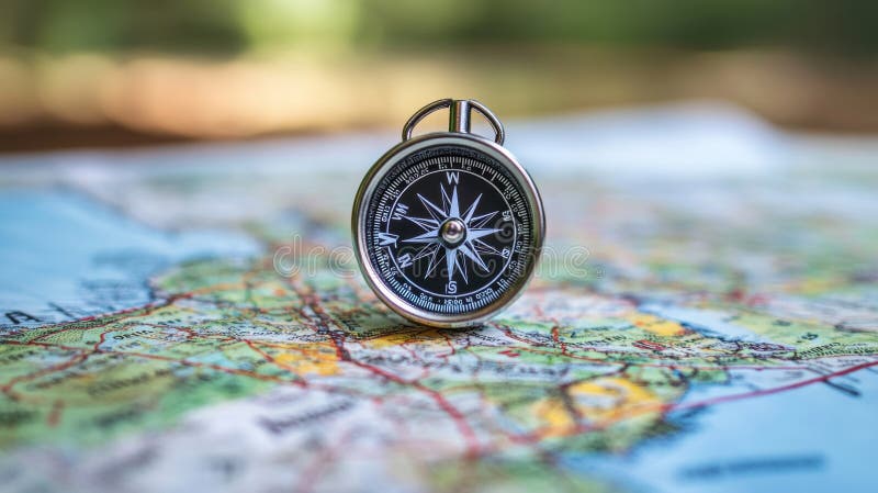 Magnetic Compass Close-up on a Vintage Map Exploring Travel Concept ...
