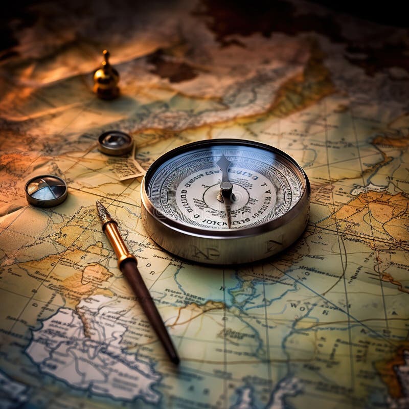 A Magnetic Compass Lies on a Weathered Map Generative AI Stock ...