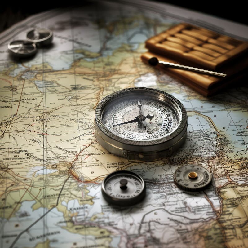 A Magnetic Compass Lies on a Weathered Map Generative AI Stock ...