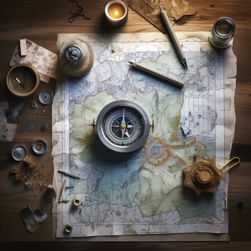 A Magnetic Compass Lies on a Weathered Map Generative AI Stock ...