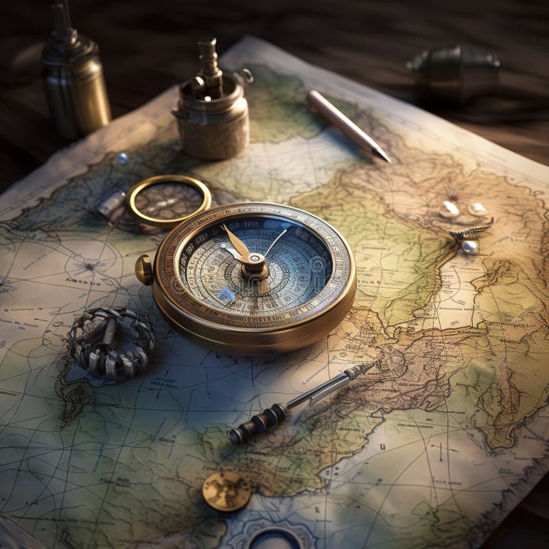 A Magnetic Compass Lies on a Weathered Map Generative AI Stock ...