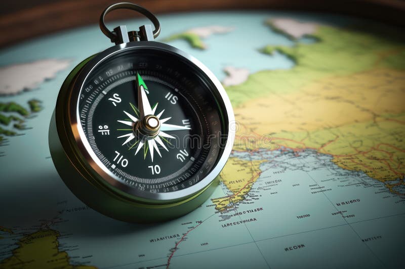 Magnetic Compass And Location Marking With A Pin On Routes On World Map