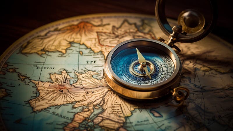 Magnetic Compass on World Map. Generative AI Stock Illustration ...