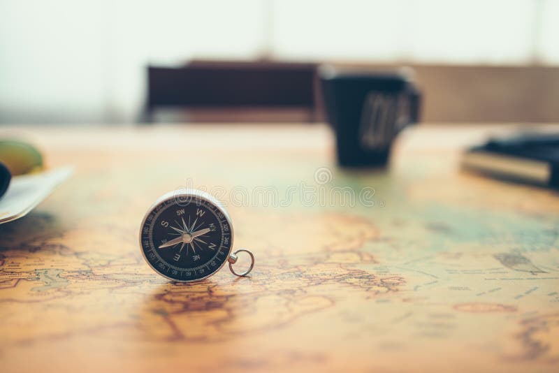 Magnetic Compass, Magnifying Glass and Diary on World Map. Travel ...