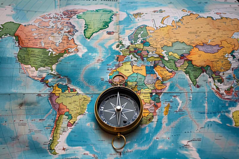 Magnetic Compass on World Map. Travel Geography Stock Photo - Image of ...