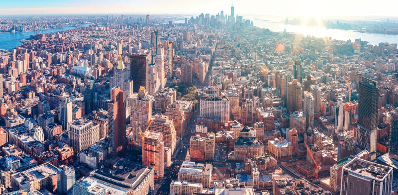 A Magnificent Aerial Panoramic View of Manhattan with Sunset Stock ...
