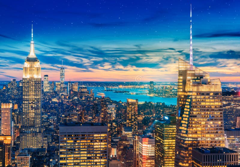 A Magnificent Aerial Panoramic View of Manhattan with Sunset Stock ...