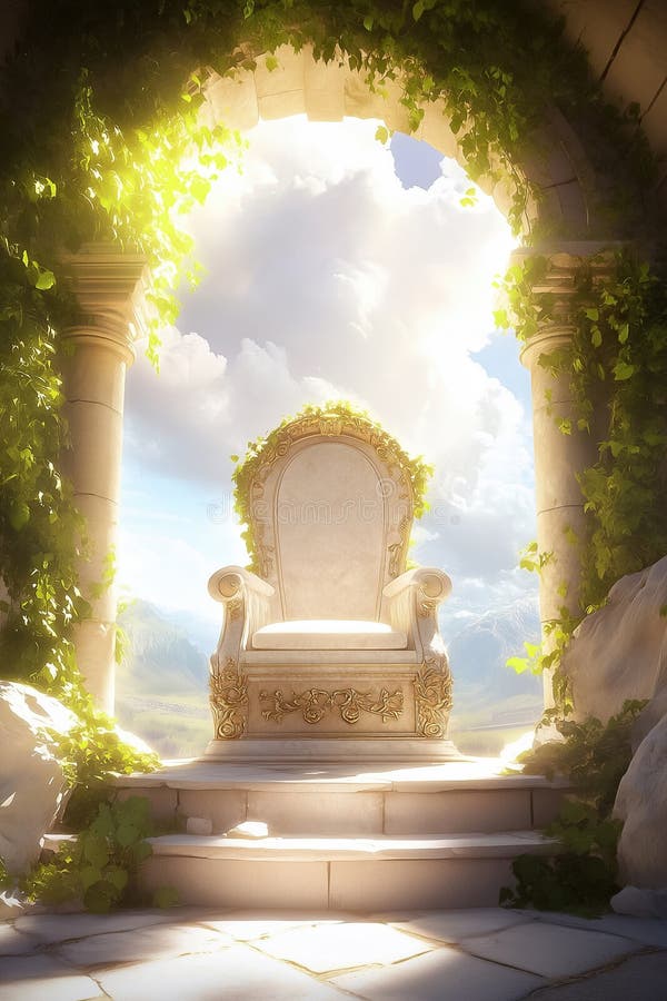 A Magnificent Ancient Throne, Draped with Green Vines, Glimmers in ...