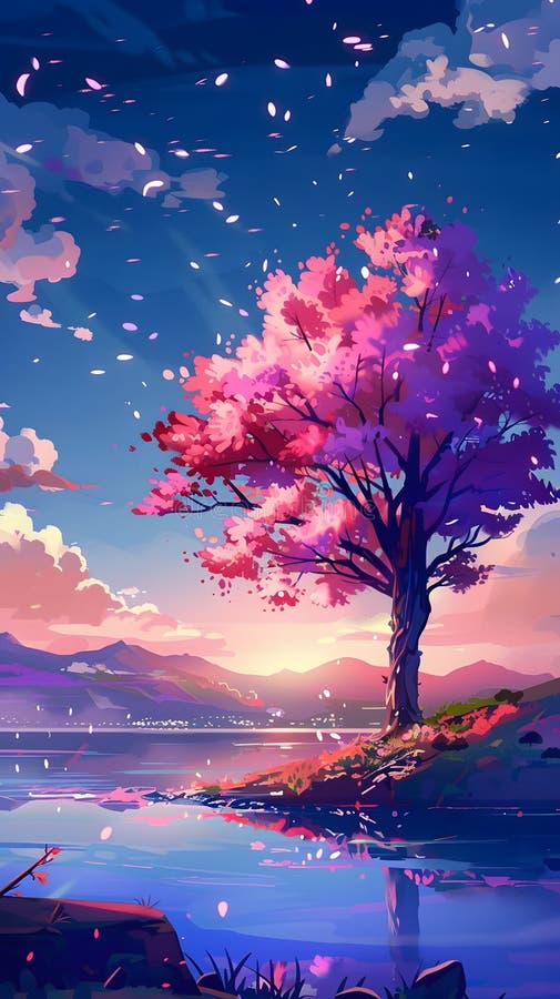 A Magnificent and Beautiful Cherry Blossom Tree Standing Alone, with a ...