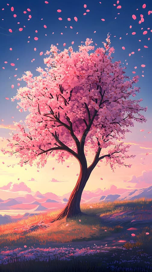 A Magnificent and Beautiful Cherry Blossom Tree Standing Alone, with a ...
