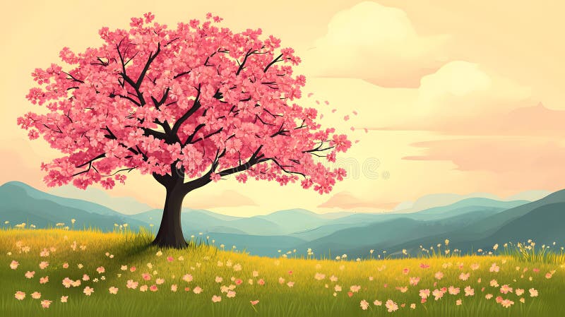 A Magnificent and Beautiful Cherry Blossom Tree Standing Alone, with a Beautiful View Stock ...