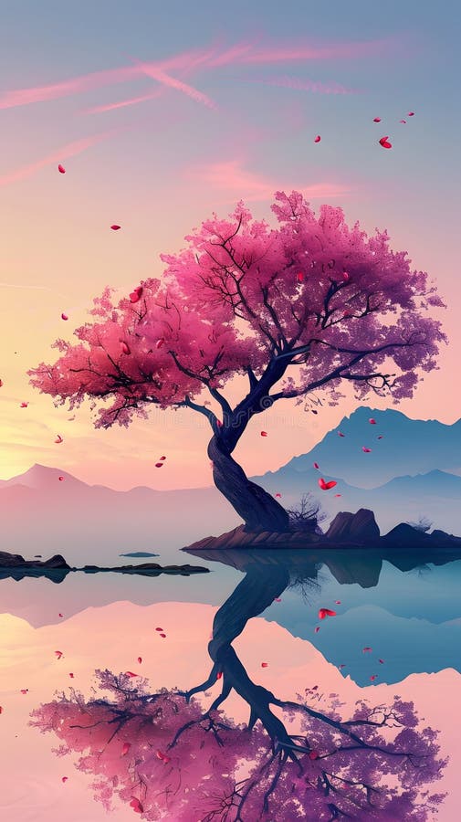 A Magnificent and Beautiful Cherry Blossom Tree Standing Alone, with a ...