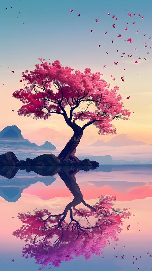 A Magnificent and Beautiful Cherry Blossom Tree Standing Alone, with a ...