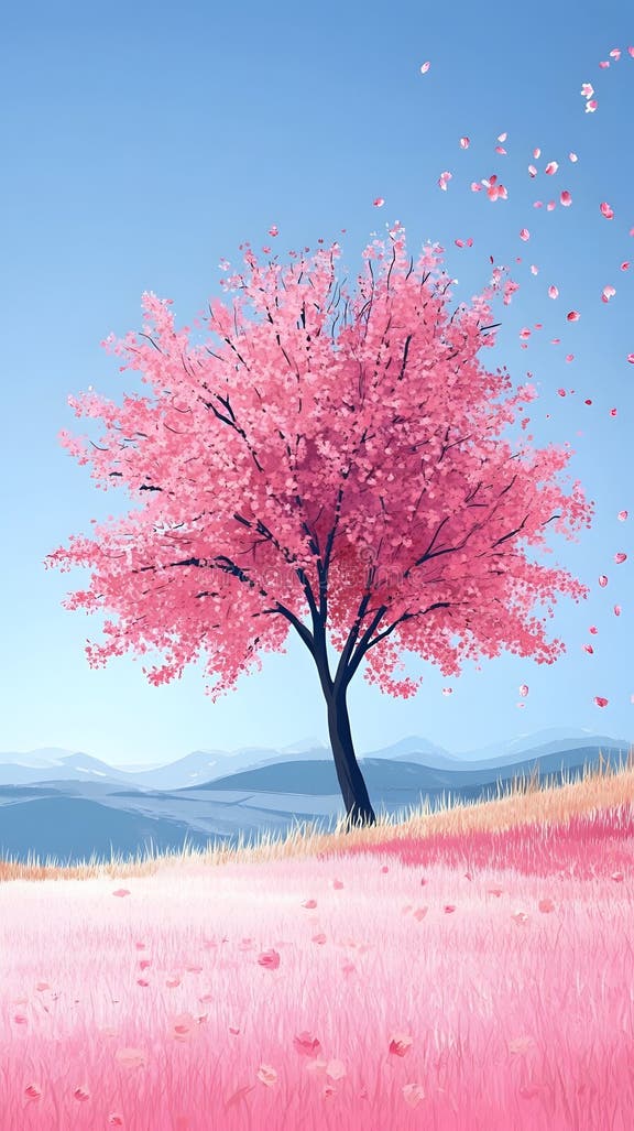 A Magnificent and Beautiful Cherry Blossom Tree Standing Alone, with a ...