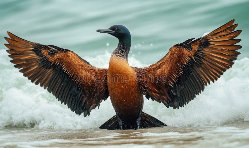 Magnificent Bird Displaying Vibrant Plumage on Beach with Ocean Waves ...