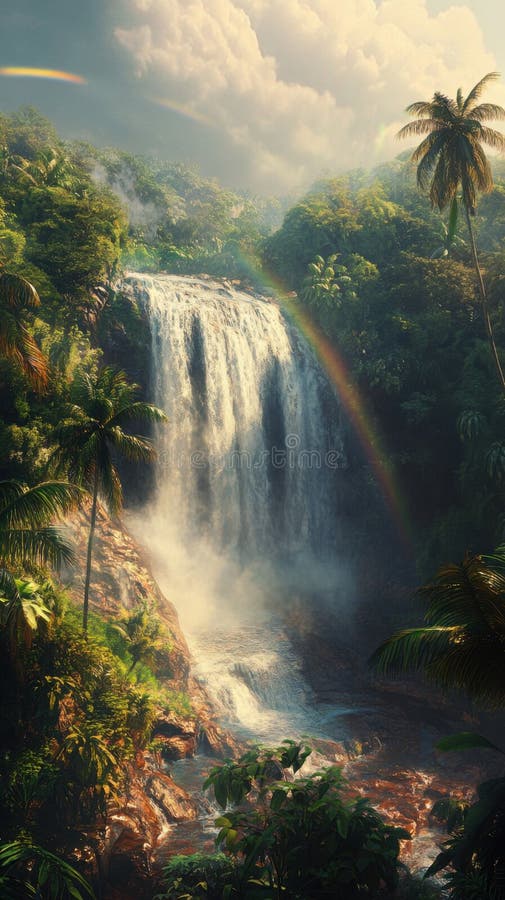 Thunderous Falls Paint a Passing Rainbow in Forest Generative AI Stock ...