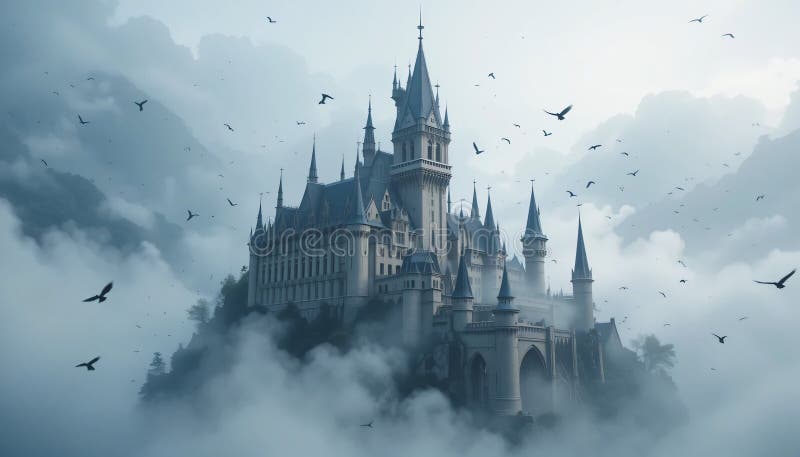A Magnificent Castle Whose Peak is almost Hidden Behind the Mist Stock ...