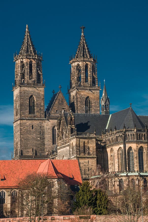 Magnificent Cathedral of Magdeburg at River Elbe with Blue Sky, Stock ...