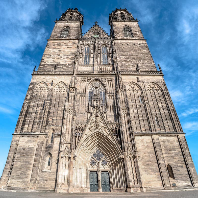 Magnificent Cathedral of Magdeburg at River Elbe with Blue Sky, Stock ...