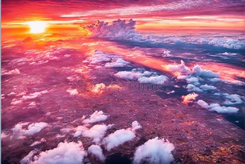 Magnificent City Landscape Under Sunset with Burning Clouds Stock Photo ...