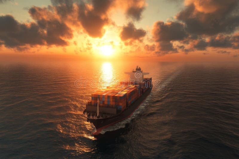 A Magnificent Container Ship Glides through Serene Waters As the Sun ...