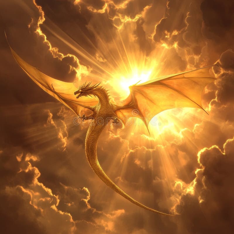 A Magnificent Eastern Dragon Gliding through Golden Clouds during ...