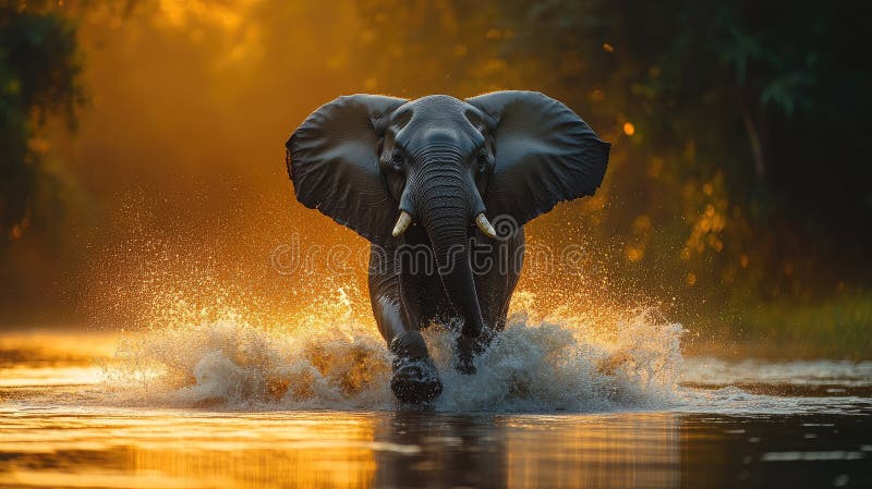 A Magnificent Elephant Charging through a River at Dawn Stock ...