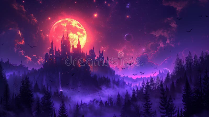 Enchanted Night Landscape with a Full Moon Over a Brooding Castle ...
