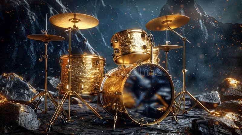Magnificent Gold Drum Set Shines in the Spotlight, Perched Elegantly ...