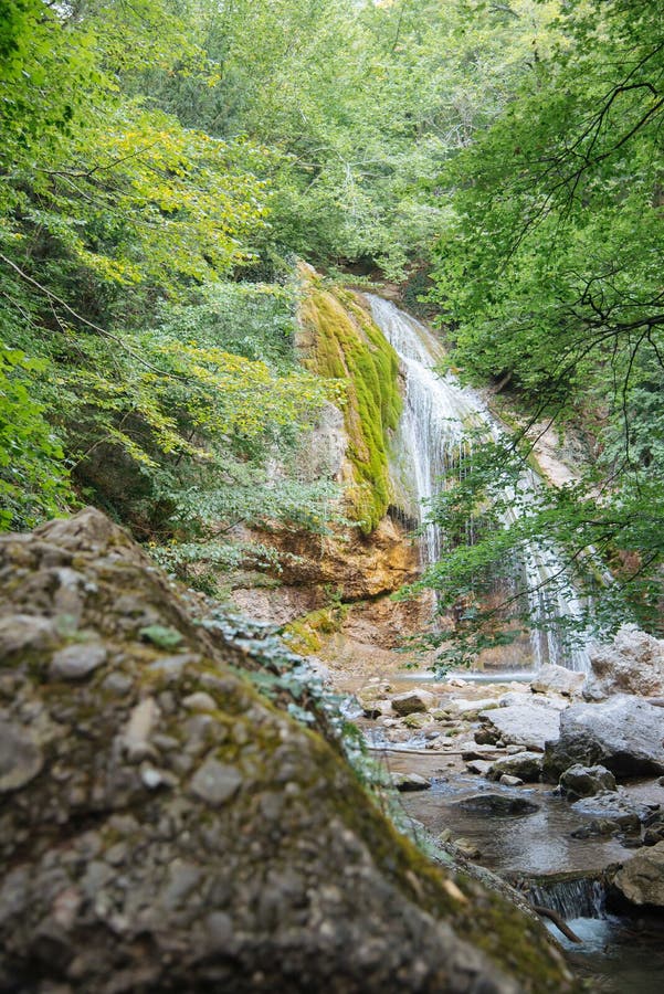 Magnificent High Waterfall in the Woods Stock Photo - Image of wood ...