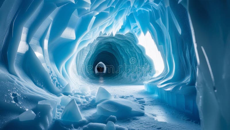 Magnificent Icy Cavern Revealing a Distant Glow, an Arctic Surreal ...