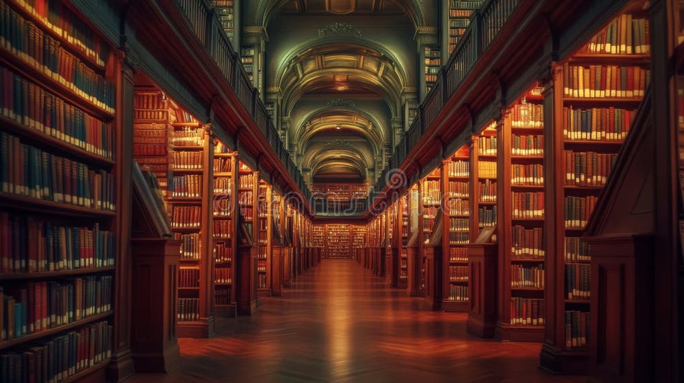A Magnificent Library Filled with Rows of Books. the Warm Lighting ...