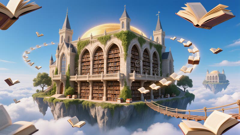 Explore a Floating Library Surrounded by Flying Books in a Magical Sky ...