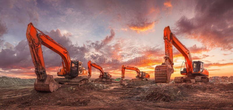 The Magnificent Lineup of Excavators Under a Stunning Sunset Sky. AI ...