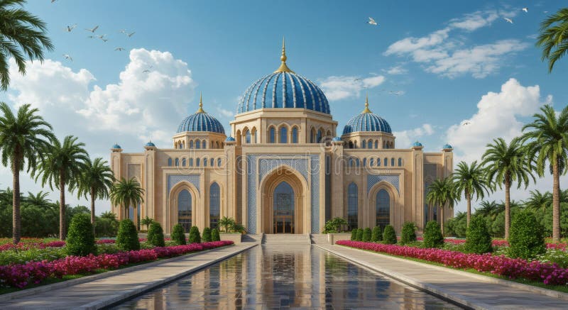 Magnificent Mosque Architecture with Blue Domes and Reflecting Pool ...