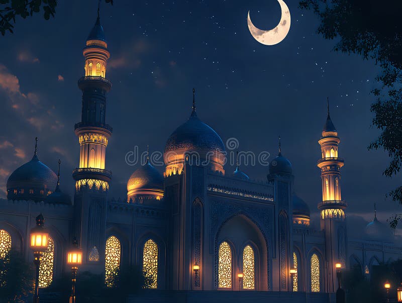 Magnificent Mosque Glowing Under the Night Sky with Silver and Gold ...