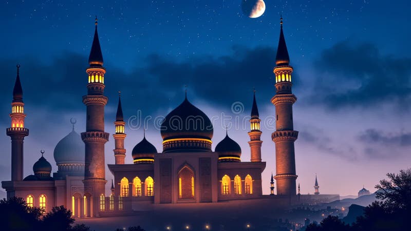 Magnificent Night View of a Mosque Under a Crescent Moon and Starry Sky ...