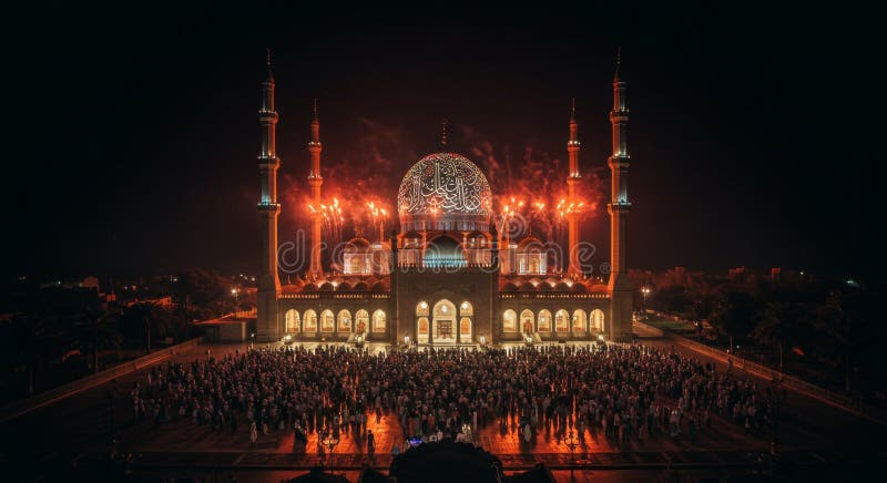 Magnificent Nighttime Mosque with Fireworks and Crowd Gathering for ...