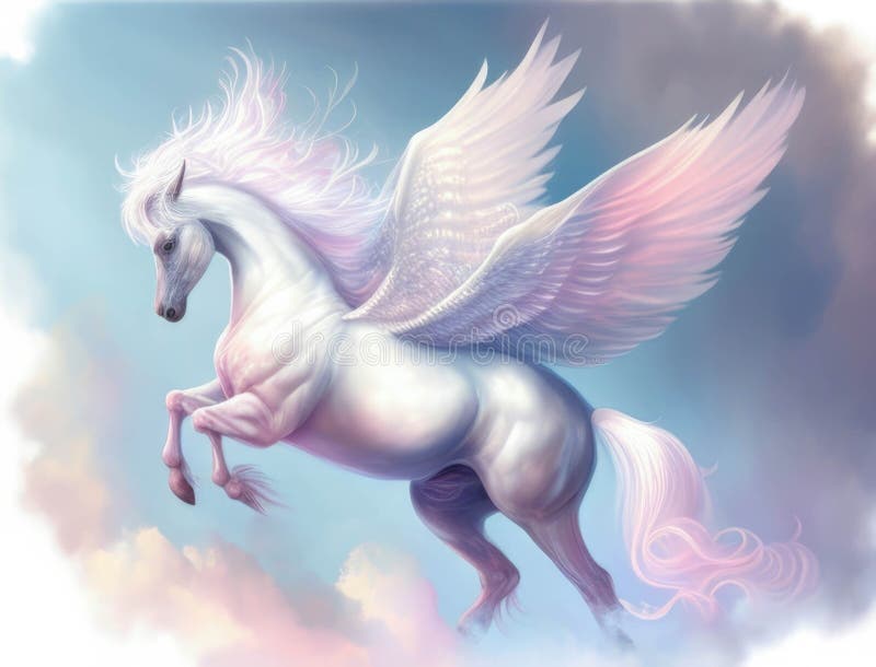 A Magnificent Pegasus Soared through the Clouds Its Mane and Tail ...