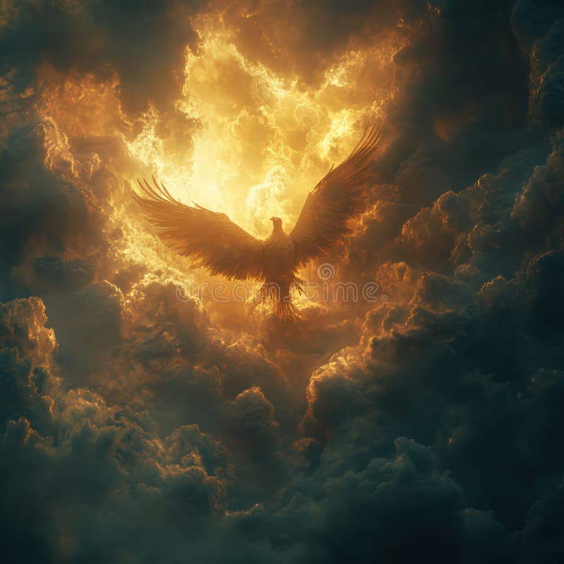 Fiery Phoenix Rising Amidst Dramatic Clouds and Glowing Light Stock ...