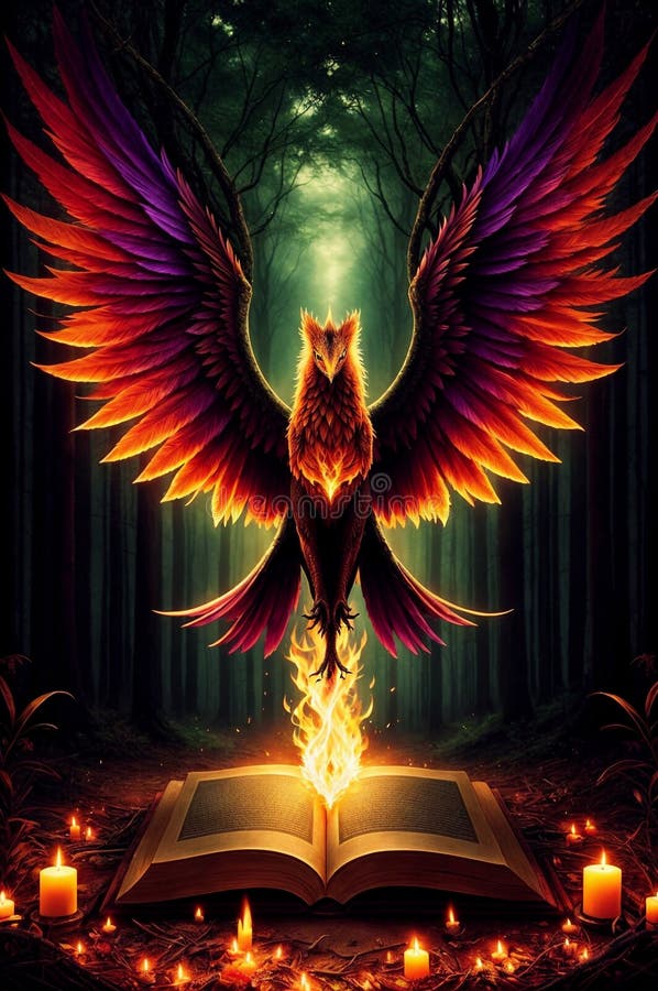 A Magnificent Phoenix with Wings Spread Out Over a Book. Stock Illustration - Illustration of ...