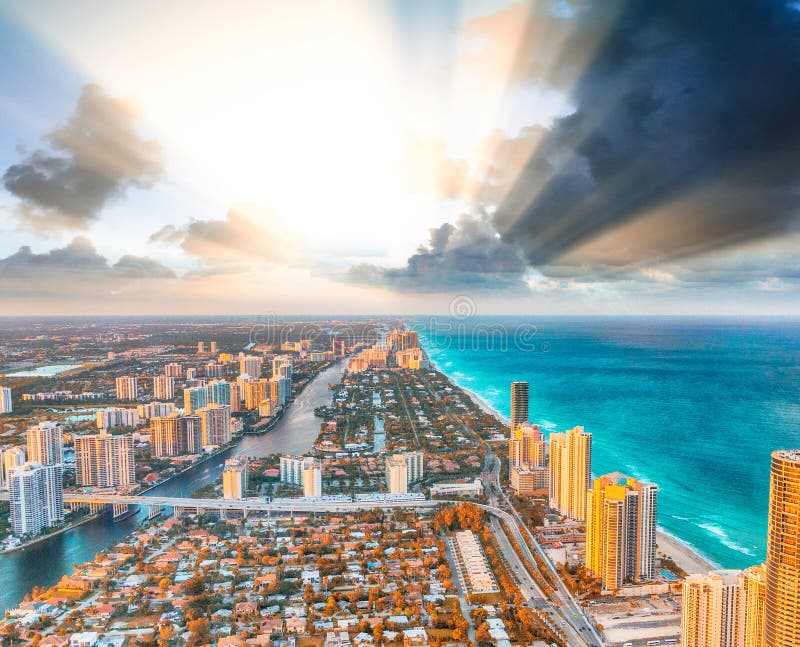 Magnificent Skyline of Miami Beach at Sunset, Aerial View Stock Photo ...