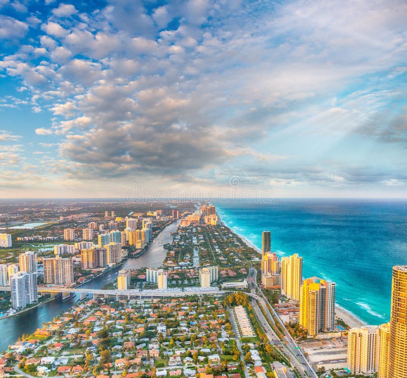 Magnificent Skyline of Miami Beach at Sunset, Aerial View Stock Image ...
